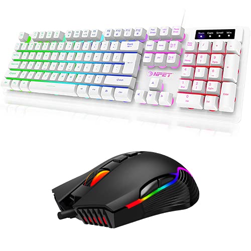 NPET K10 Gaming Keyboard USB Wired Floating Keyboard and Gaming Mouse Bundle, LED Backlit Keyboard for Desktop, Computer, PC, White