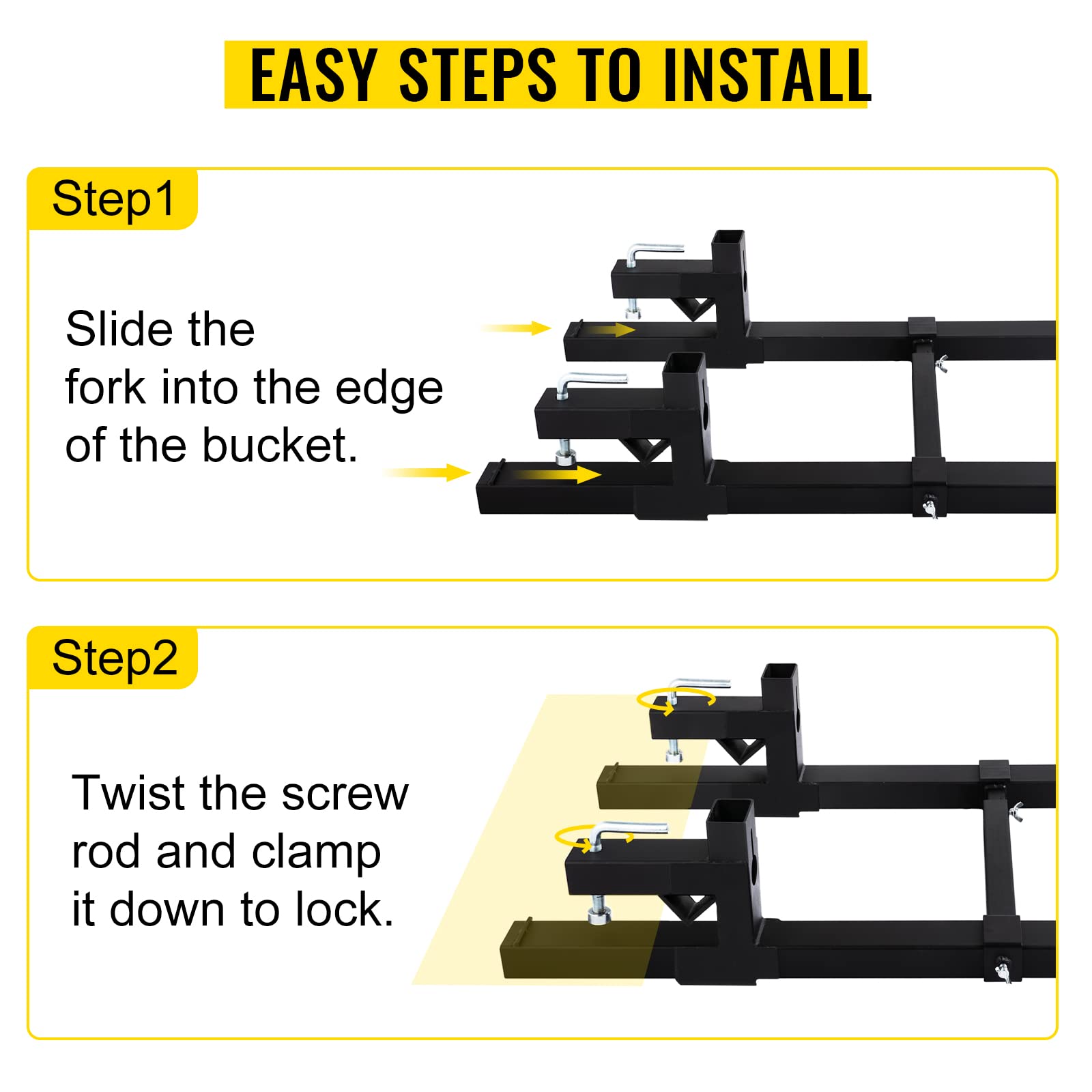 VEVOR Pallet Forks, 2000 Lbs Clamp on Pallet Forks 60" Total Length, Tractor Bucket Forks with Adjustable Stabilizer Bar, Heavy Duty Pallet Forks for Tractor Attachments, Skid Steer, Loader Bucket