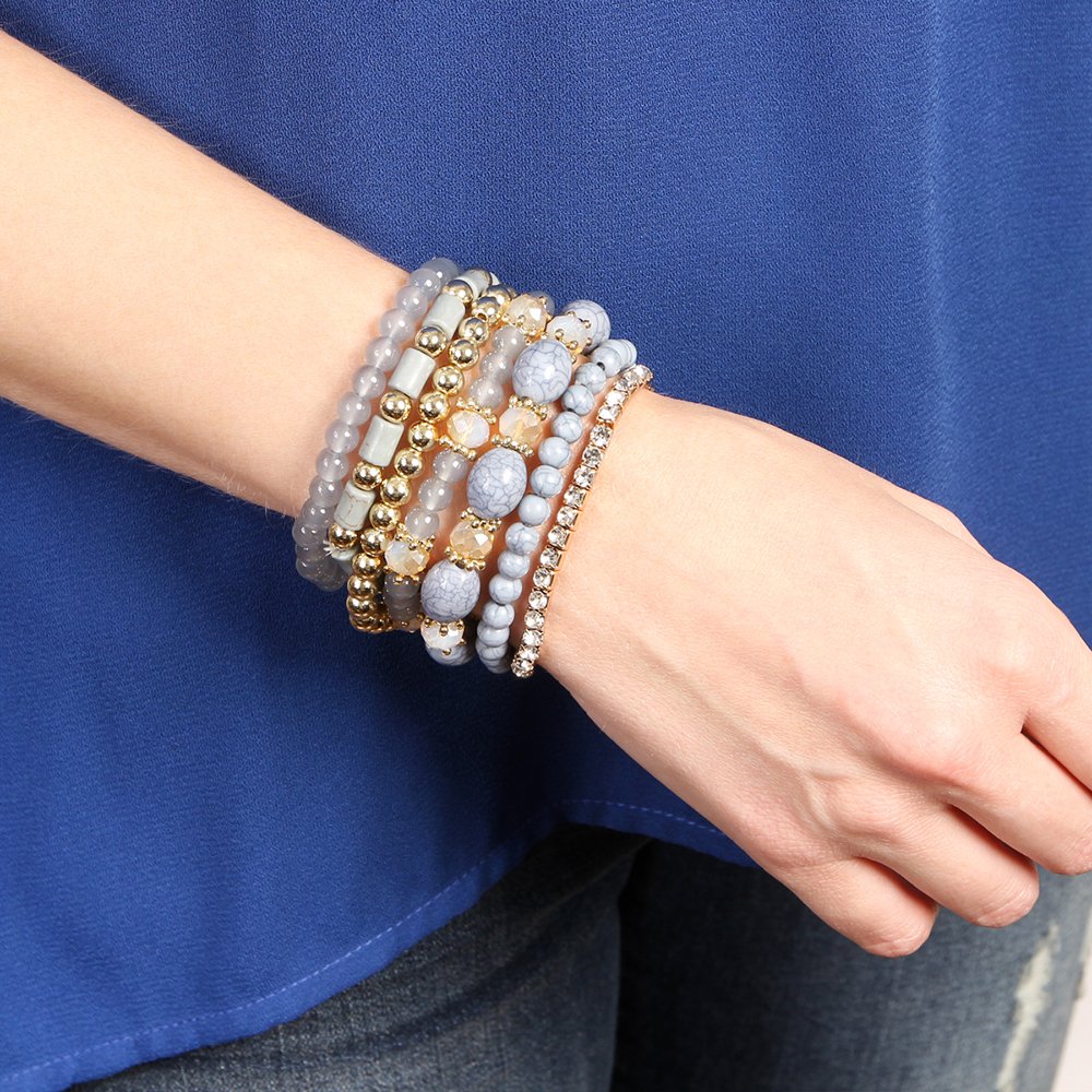 Multi Strand Bead Layering Statement Bracelets - Colorful Beaded Stretch Bangles, Heart/Leaf/Tassel Charm (Bohemian Mix - Gray)