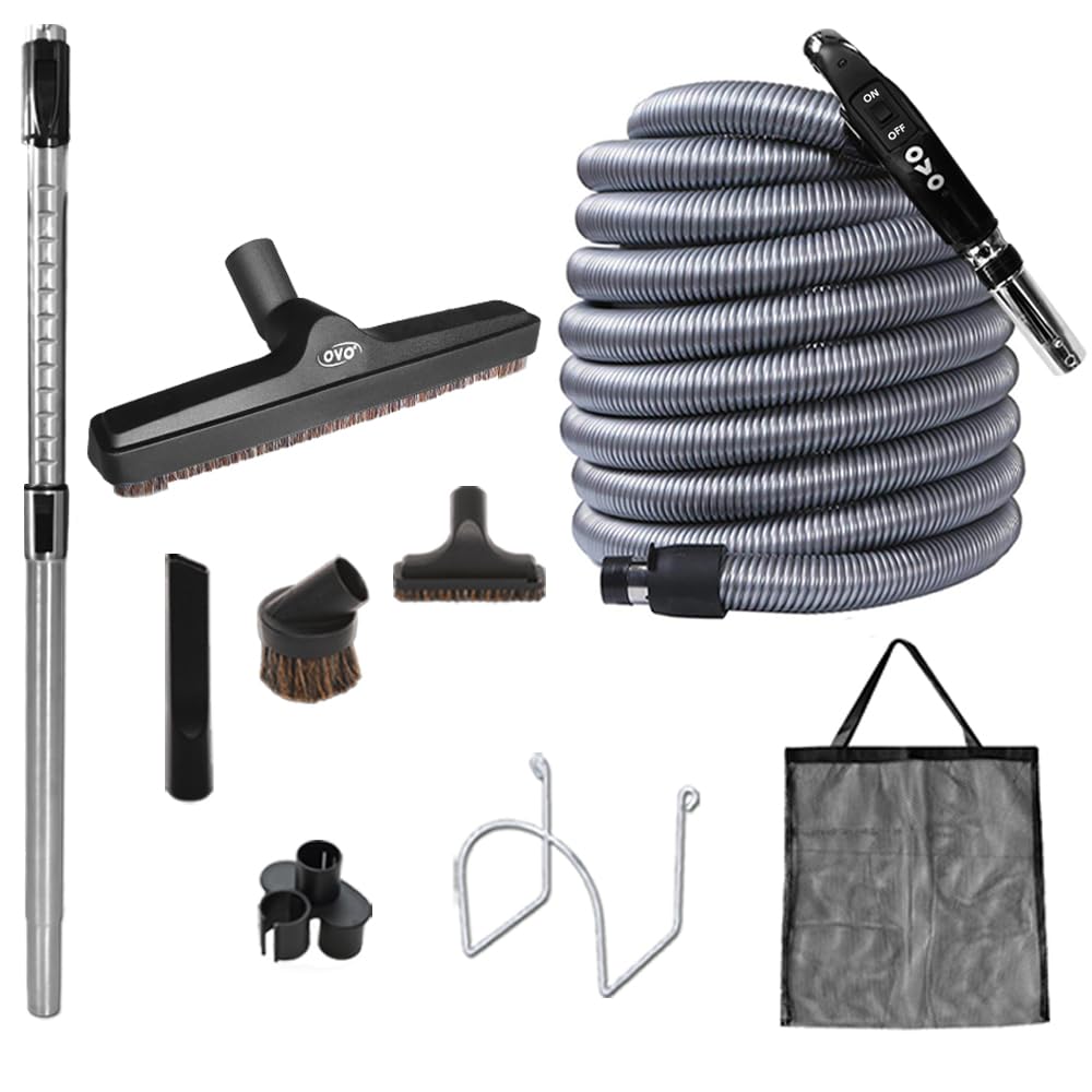 OVO AW Large and Powerful Central Vacuum System, Hybrid Filtration (with or Without Disposable Bags) 25L or 6.6 Gal, 700 Air watts and 40 ft Deluxe Accessory Kit Included, White and Silver