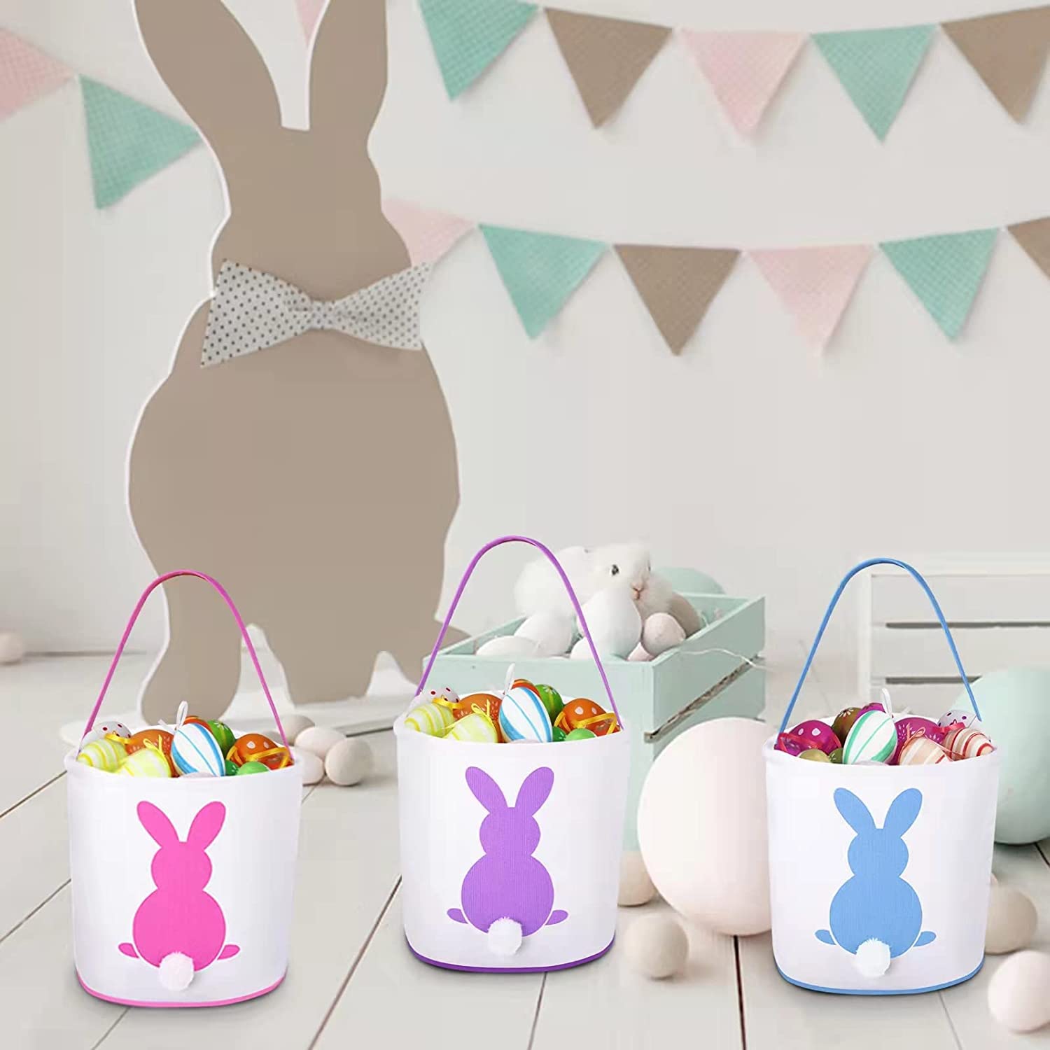 Yunsuelo 3 Pack Easter Egg Hunt Basket Bags for Kids Bunny Canvas Tote - Cotton Carrying Gift and Eggs Hunt Bag