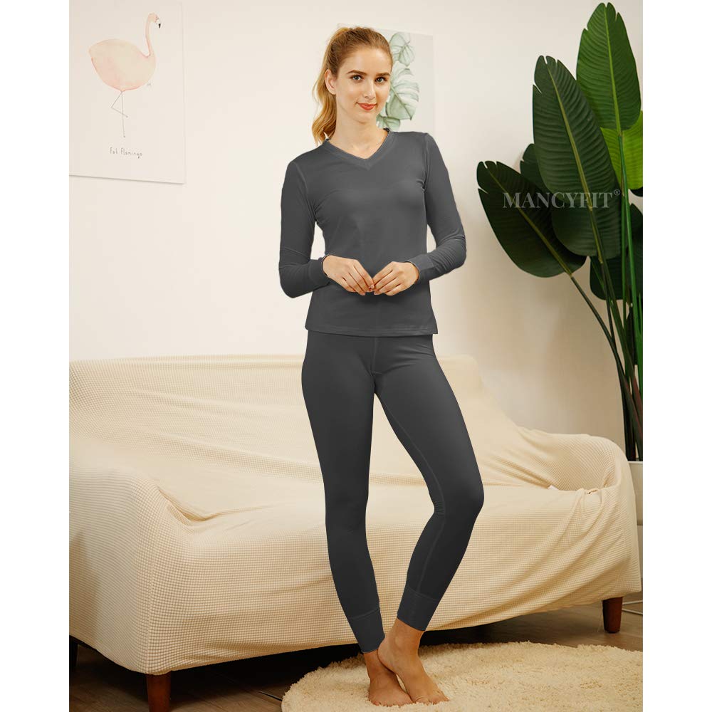 MANCYFIT Womens Thermal Underwear Long Johns Set with Fleece Lined Ultra Soft V Neck Dark Grey X-Large