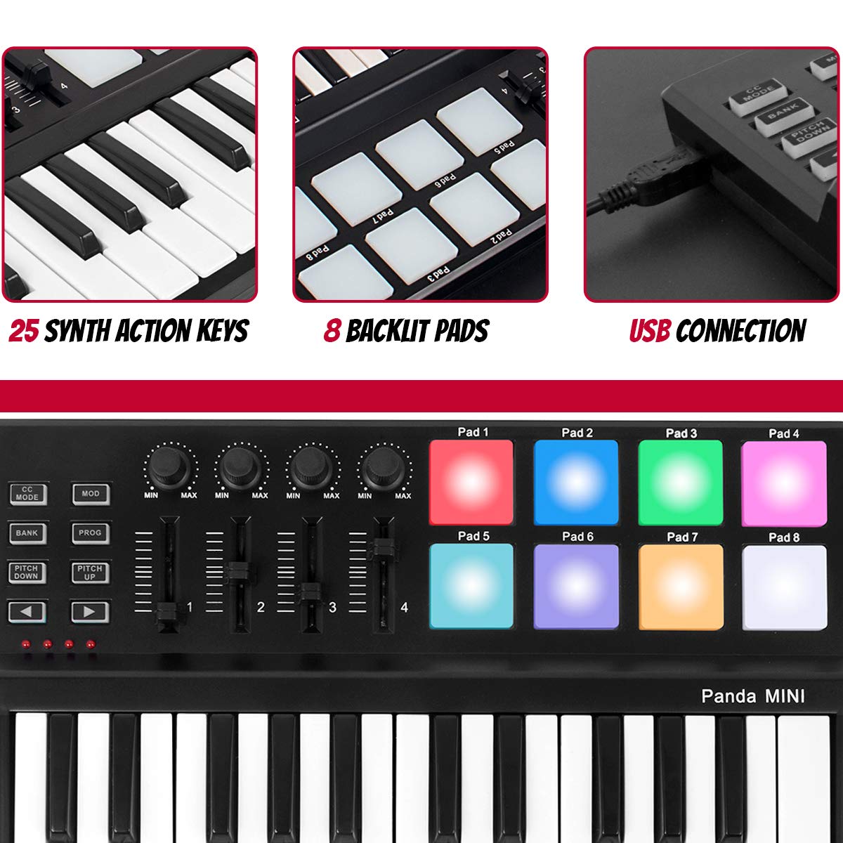Midi Controller, lotmusic Worlde TUNA PANDA MINI 25 Keys Portable USB Midi Keyboard with 8 RGB Backlit Colorful Drum Beat
