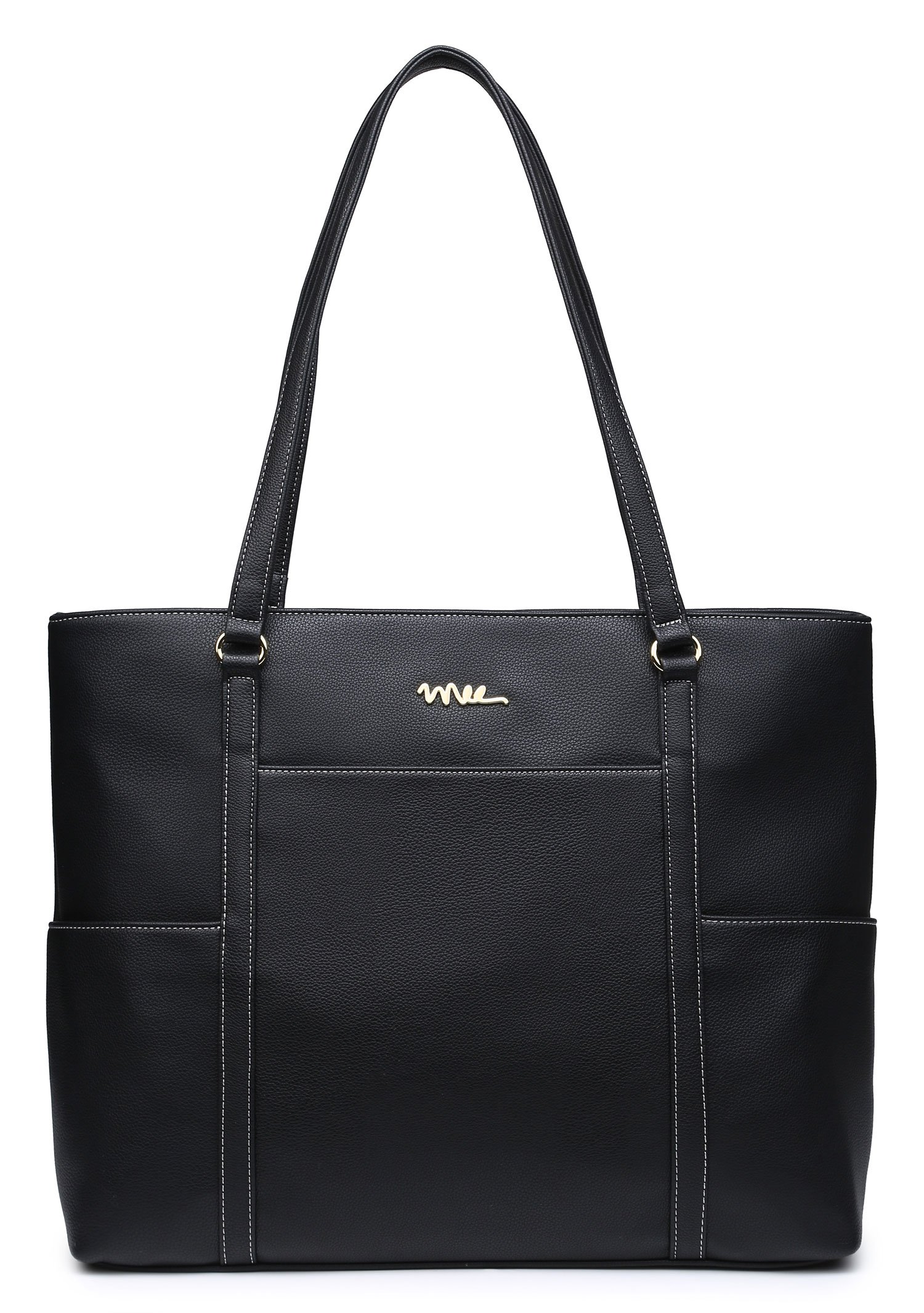 NNEE Classic Laptop Leather Tote Bag for 15 15.6 inch Notebook Computers Travel Carrying Bag with Smart Trolley Strap Design - Black
