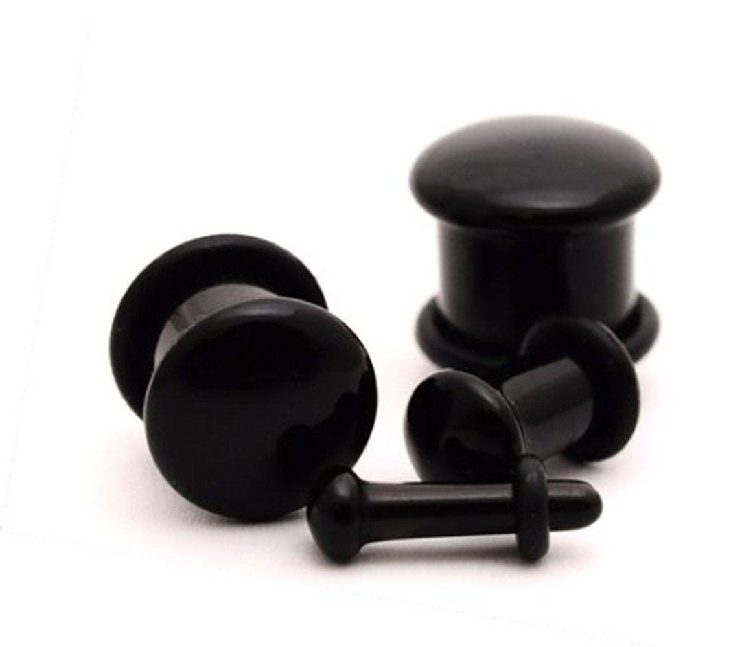 Mystic Metals Body Jewelry Single Flare Black Agate Stone Plugs - 6g - 4mm - Sold As a Pair