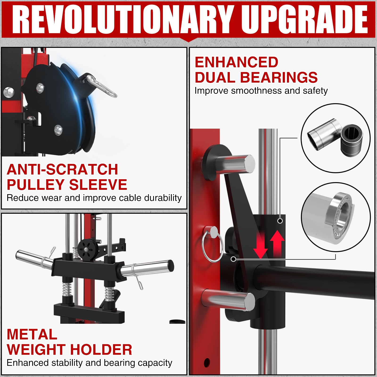 Mikolo Smith Machine, 2000LBS Multifunctional Squat Rack with LAT Pull Down System&Cable Crossover Machine for Home Gym, Power Cage with Dip/Leg Raise Attachments, Free Handles, Band Pegs(Red)