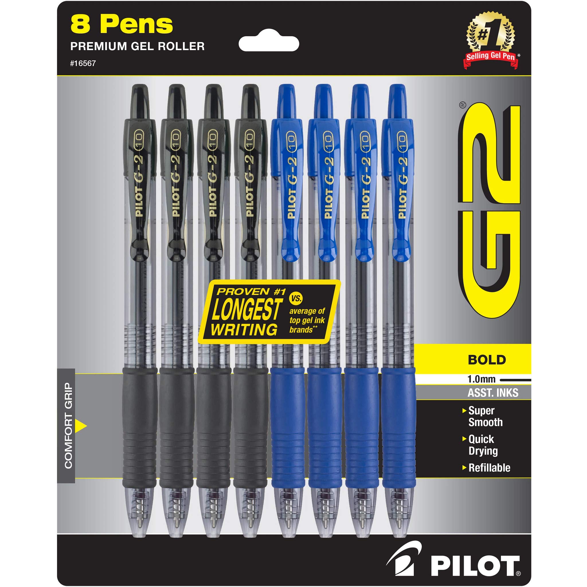 Pilot, G2 Premium Gel Roller Pens, Bold Point 1 mm, Pack of 8, Black and Blue