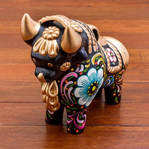 NOVICA Black Metallic Animal Themed Ceramic Sculpture, Big Colorful Pucara Bull'