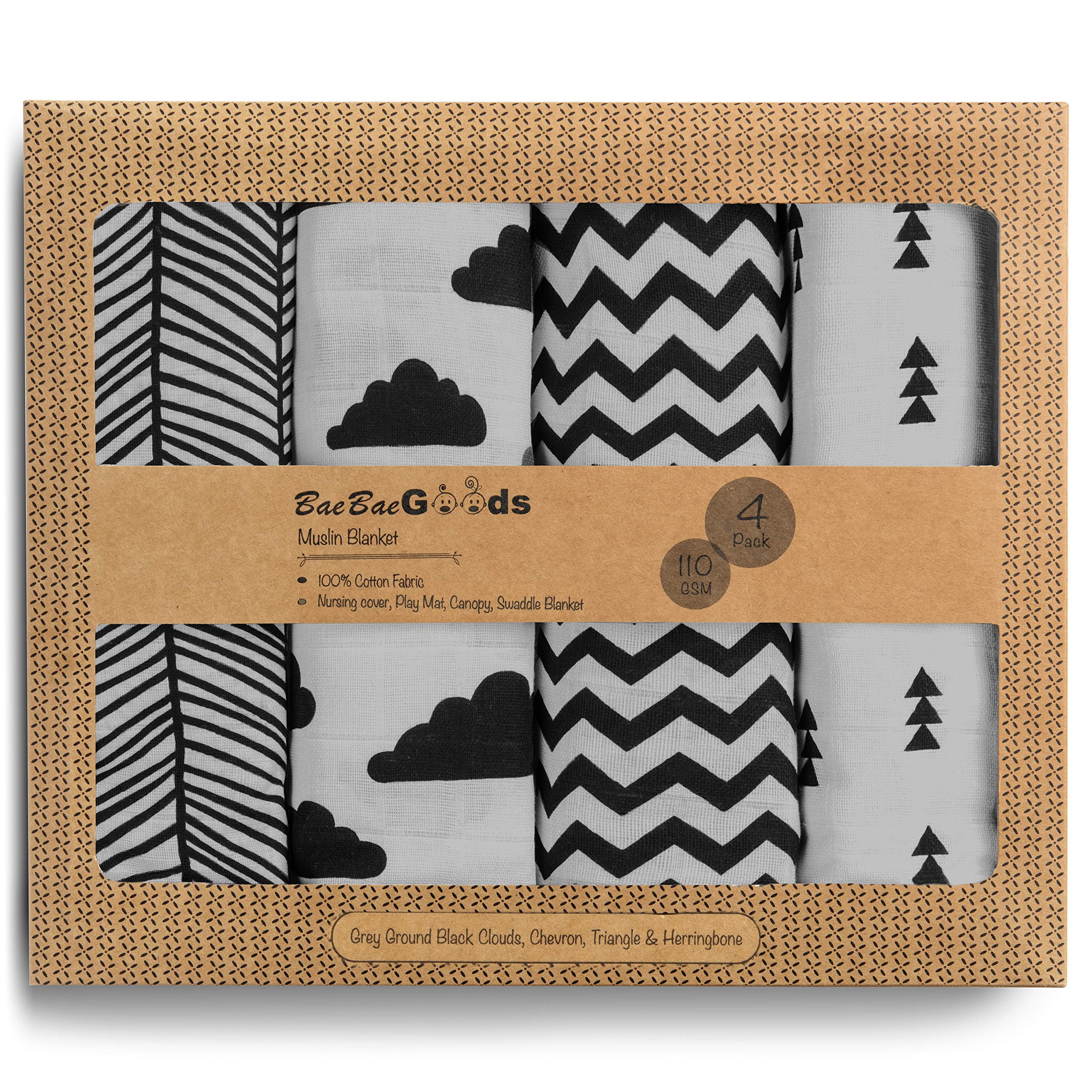 Muslin Swaddle Blankets – Soft Pure Cotton Muslin Blankets – 4 Pack of Breathable Swaddle Blankets – Unisex Baby Swaddle Blanket in Grey Black Designs – Multi Use Muslin Blankets – 47 x 47 inches