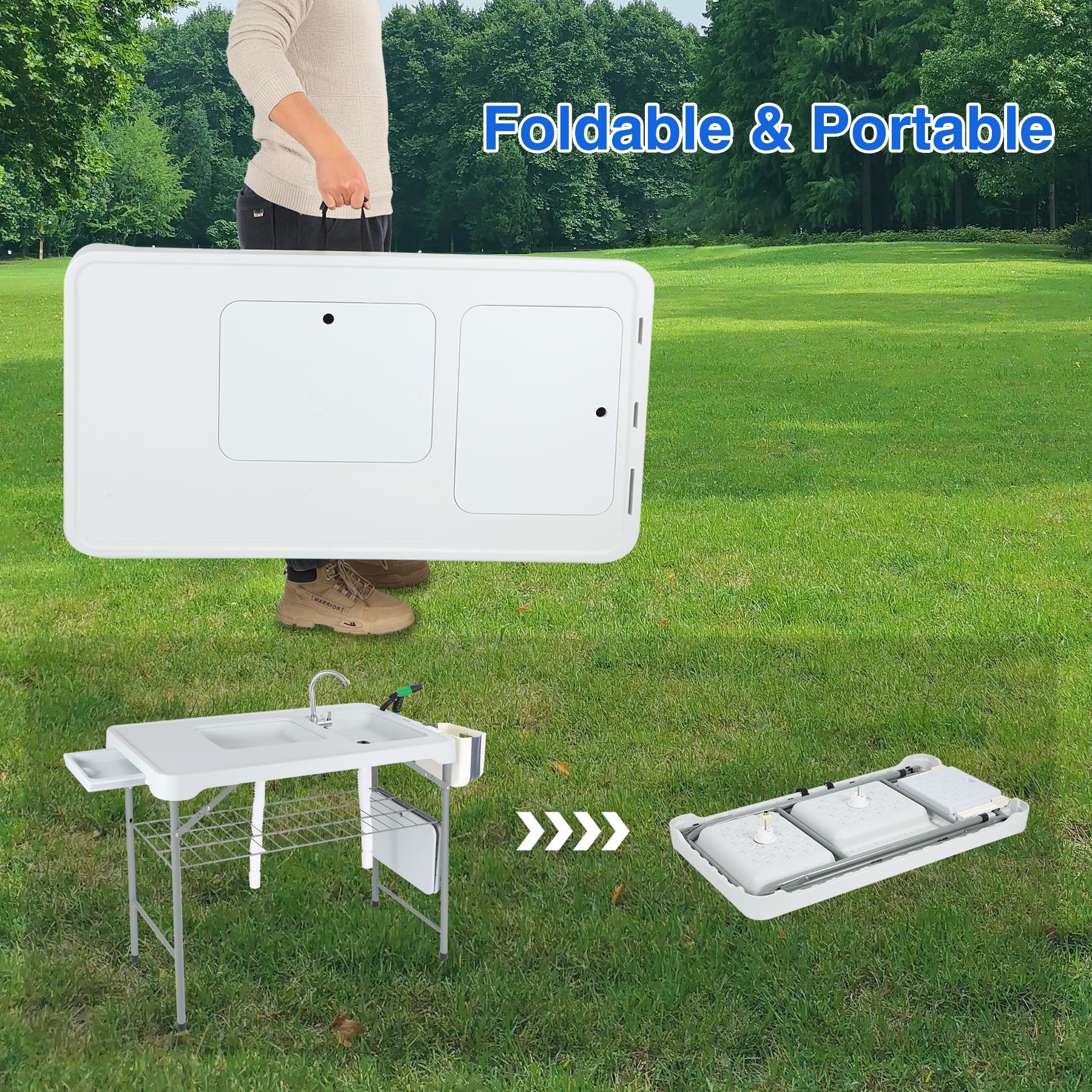 REDCAMP 39.4" Folding Fish Cleaning Table with Double Sink & Faucet, Portable Outdoor Fish Fillet Cleaning Station for Camping or Kitchen