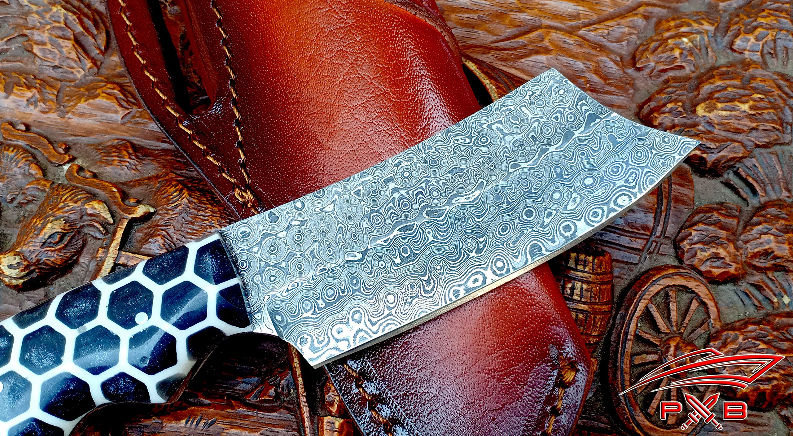 Phillyblades Handmade Damascus Steel Hunting Knife with Sheath | 9'โ Survival Fixed Blade with Honeycomb Resin Handle | EDC Belt Knife for Men | Bear Hunter