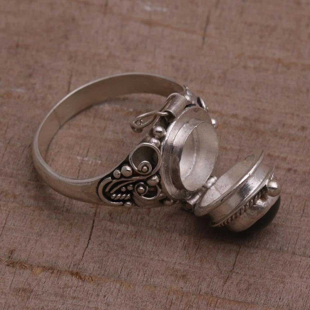 NOVICA Artisan Handmade Onyx Locket Ring 925 Sterling Silver from Bali Black Cocktail Indonesia Birthstone [crownbezel 0.5 in H x 0.4 in W x 0.3 in D Band Width 3 mm W] ' Gerhana Shrine'