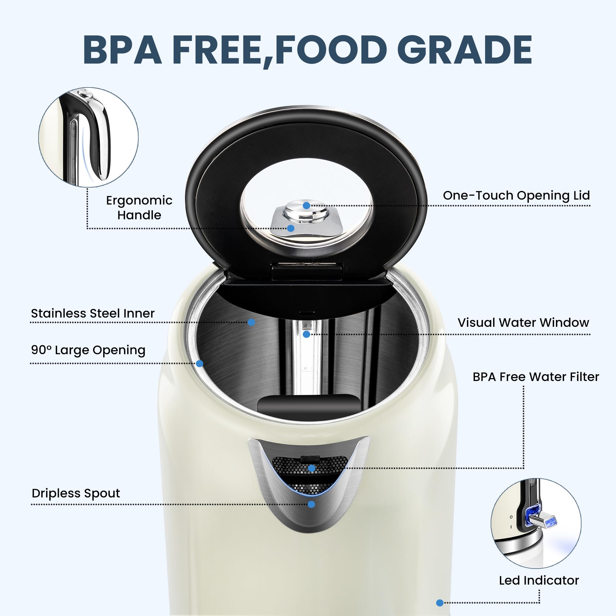 Pukomc Electric Kettle - 1.7L Hot Water Boiler - Stainless Electric Tea kettle with Water Window, Auto Shut-Off and Boil-Dry Protection