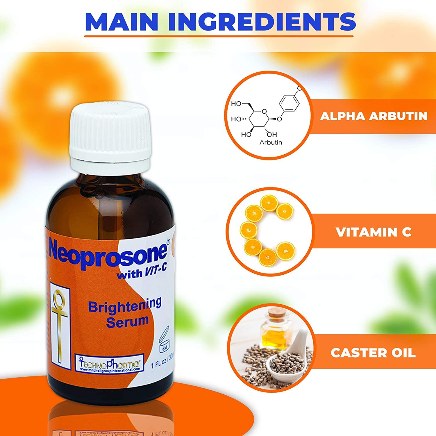 Neoprosone, Vitamin C Serum for Face | 1 Fl oz / 30ml | Brightening Serum For Dark Circle, Wrinkles | with Alpha Arbutin and Castor Oil