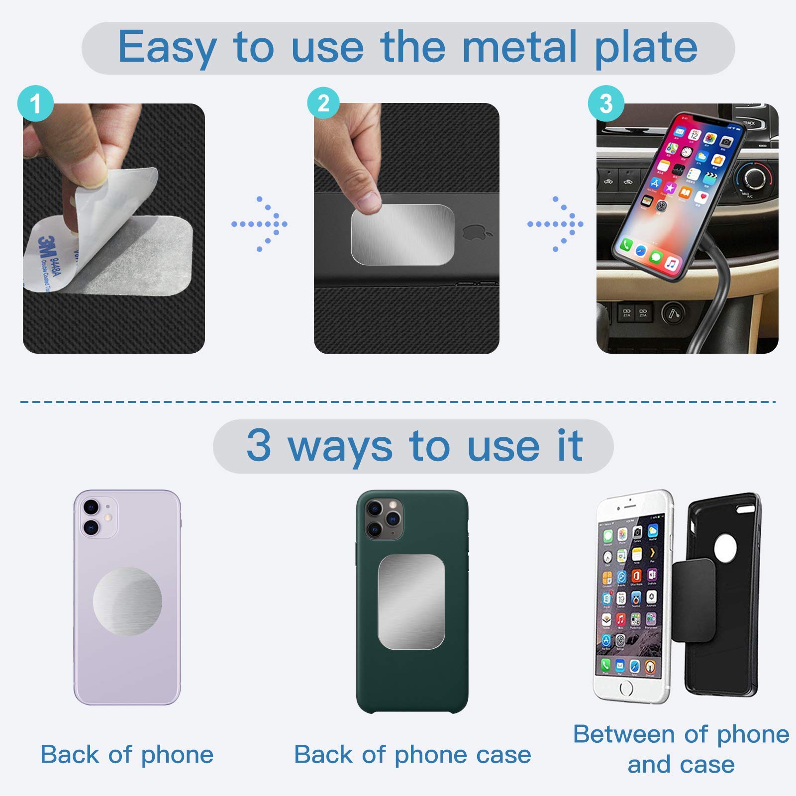 OWLKELA Mount Metal Plate for Phone Magnet Car Mount Holder Cradle with Adhesive, Universal Replacement Sticker Compatible with Magnetic Mounts - 10 Pack Black and Silver (4 Rectangle and 6 Round)