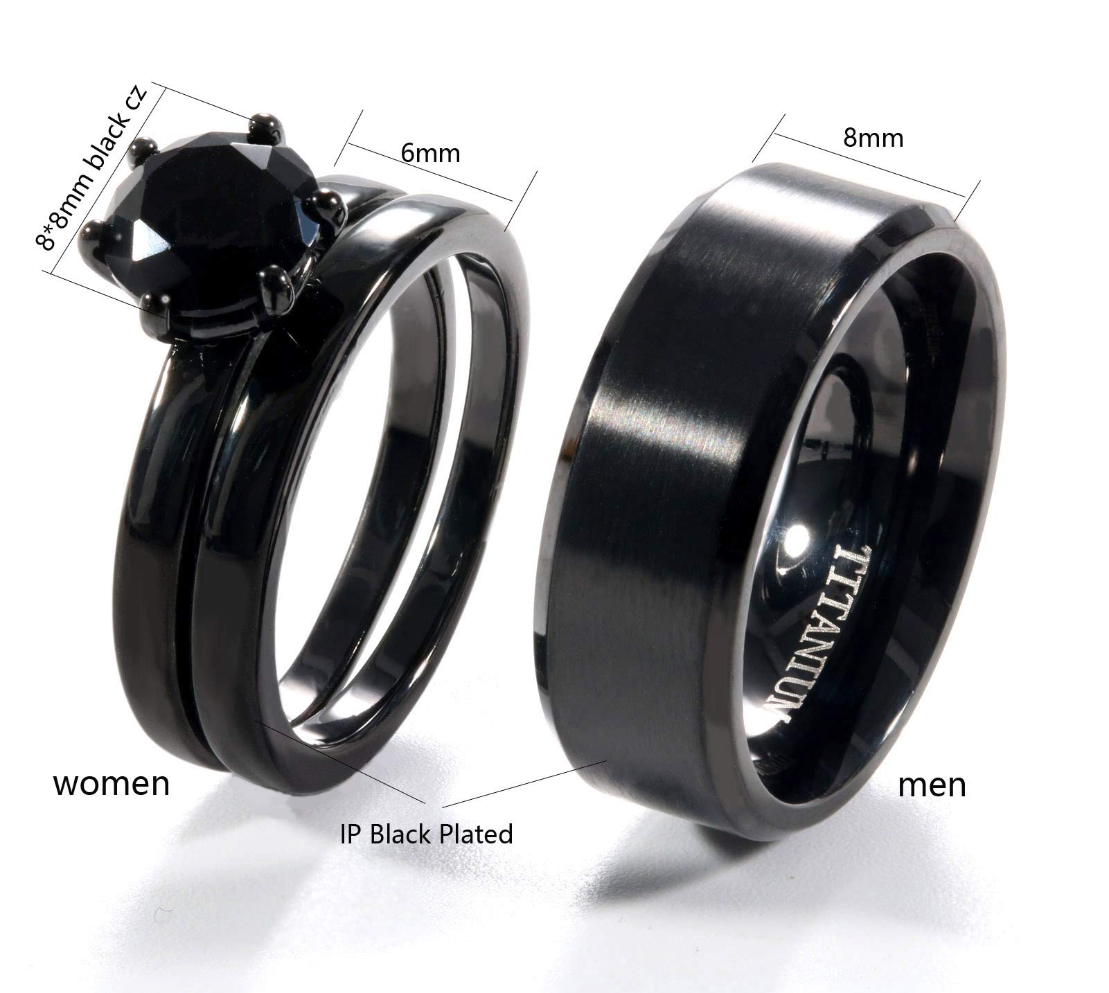 Ringcrown 2 Rings Couple Rings Bridal Sets Black Cz Womens Wedding Ring Sets Titanium Steel Man Wedding Bands