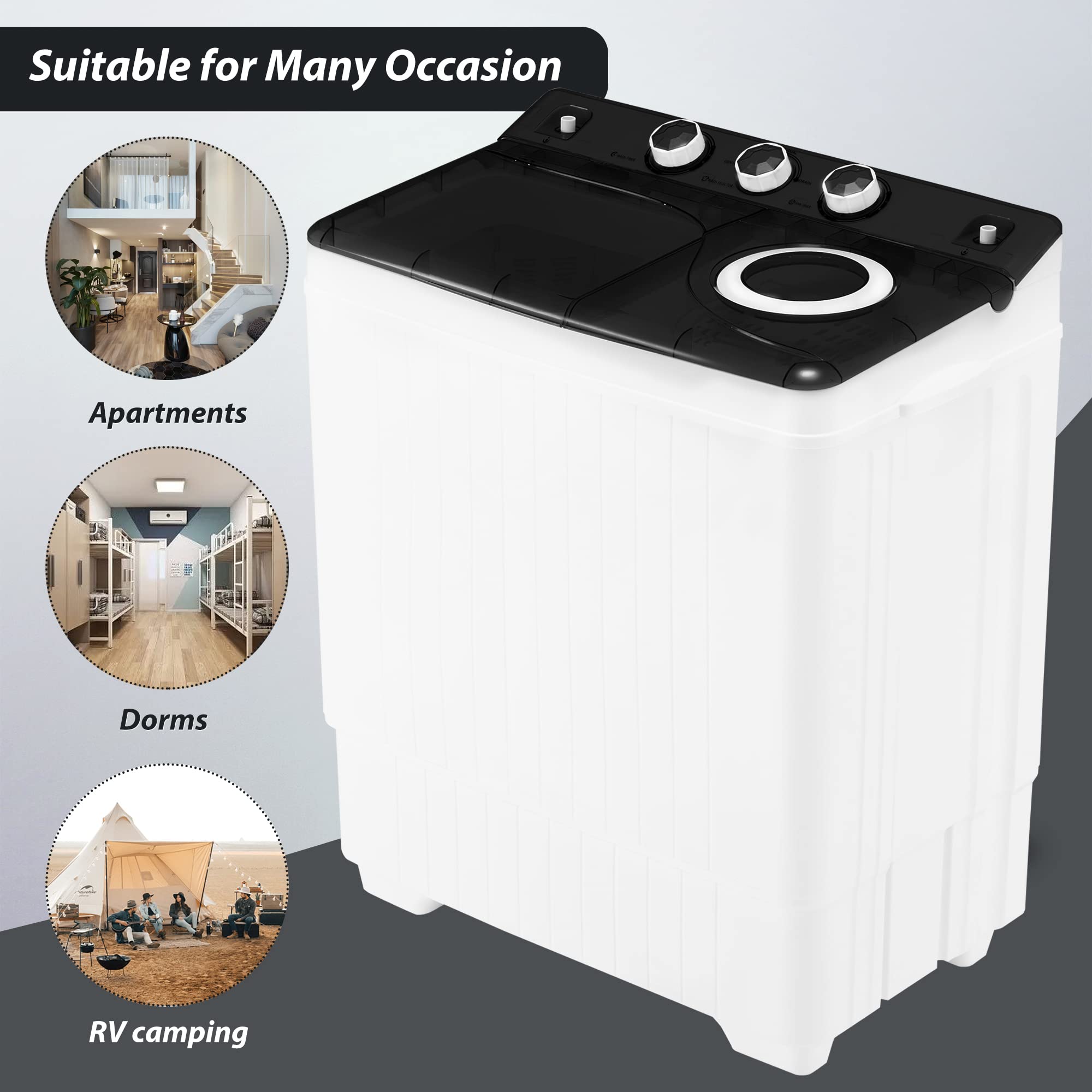 Portable Washing machine 26Lbs Capacity Washer and Dryer Combo Compact Twin Tub Laundry Washer(18Lbs) & Spinner(8Lbs) with Built-in Gravity Drain for Apartment,Dorms,RV Camping, BLACK