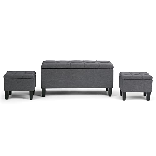 SIMPLIHOME Dover 44 inch Wide Rectangle 3 Pc Lift Top Storage Ottoman in Upholstered Slate Grey Tufted Linen Look Fabric, Footrest Stool, Coffee Table for the Living Room, Contemporary