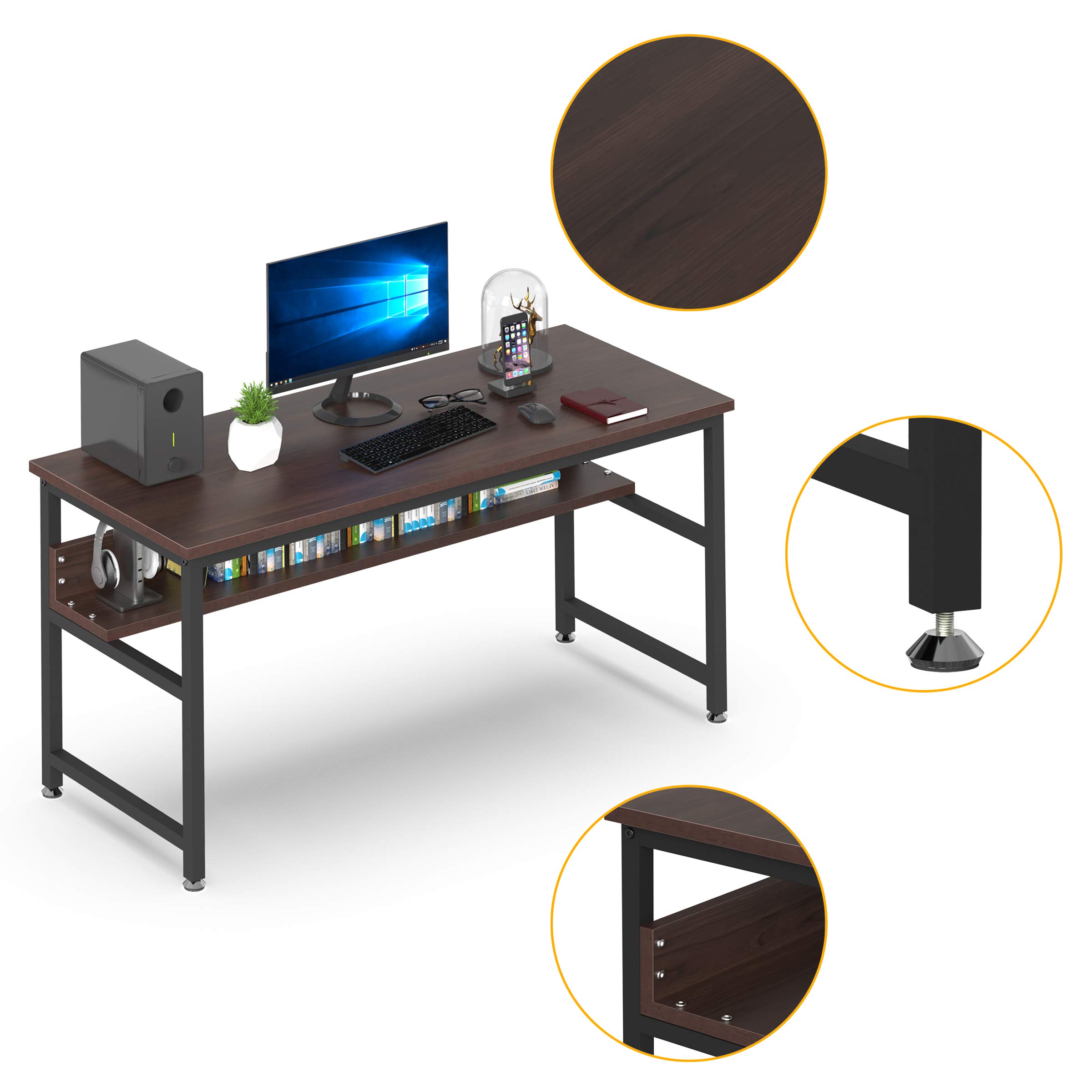 NSdirect Computer Desk with Bookshelf,55" Large Home Office Desk with Storage and Shelf Industrial Study Writing Drawing Table with Space Saving Design Modern Simple Style Laptop Table,Brown