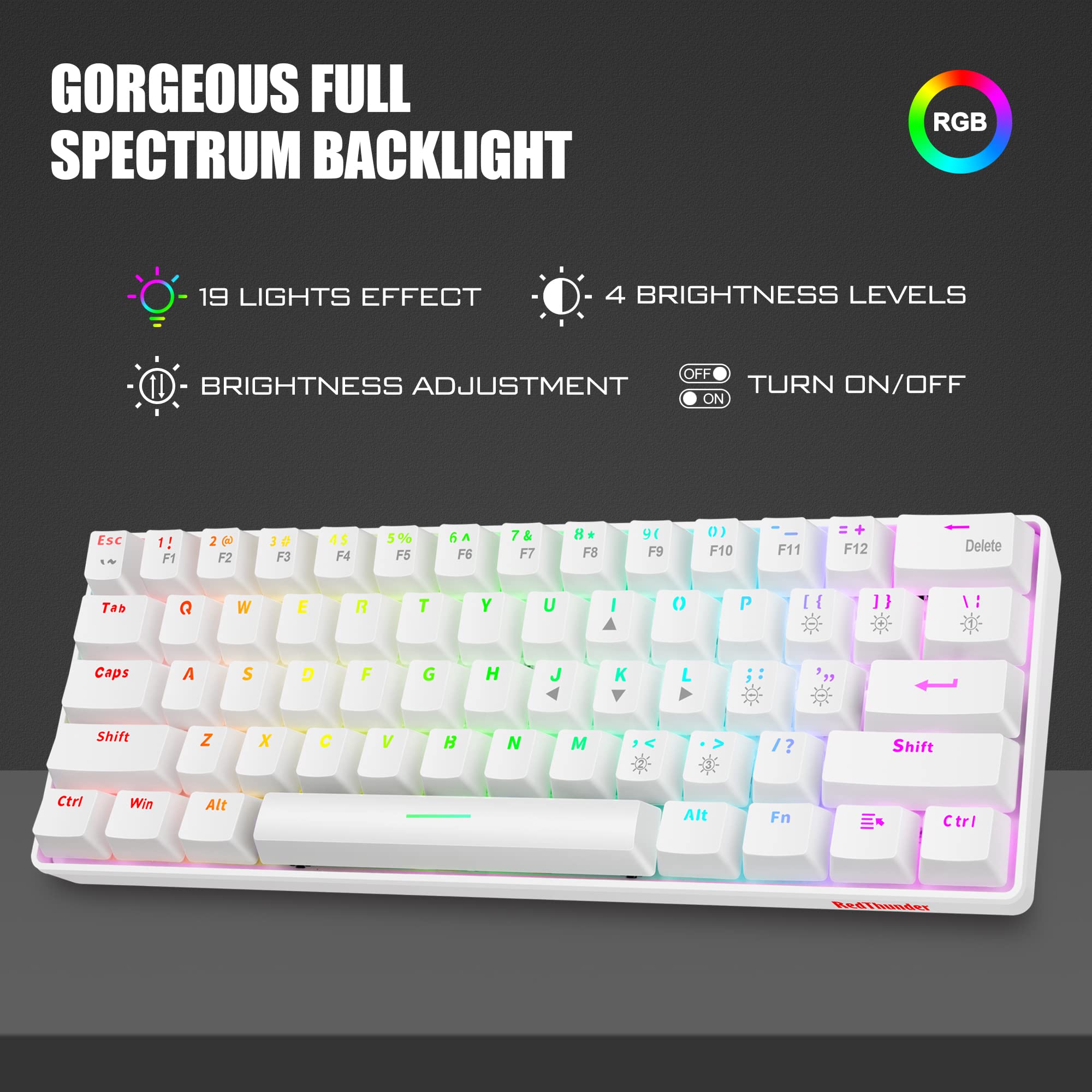 RedThunder 60% Wired Mechanical Gaming Keyboard, 61 Keys Ultra-Compact Keyboard, PBT Keycaps, RGB Backlight for PC (Red Switch, White)