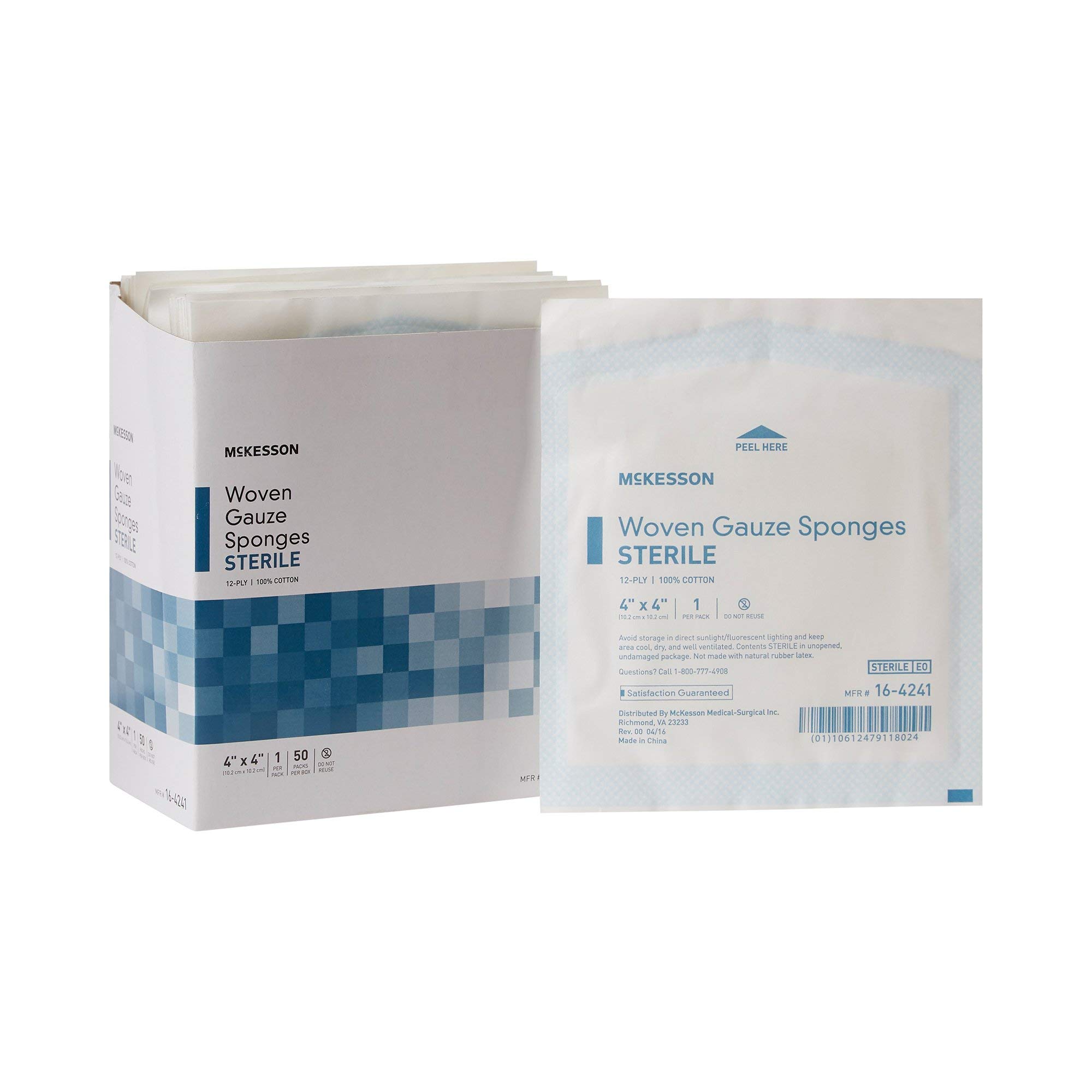 McKesson Woven Gauze Sponges, Sterile, 12-Ply, 100% Cotton, 4 in x 4 in, 50 per Pack, 1 Pack