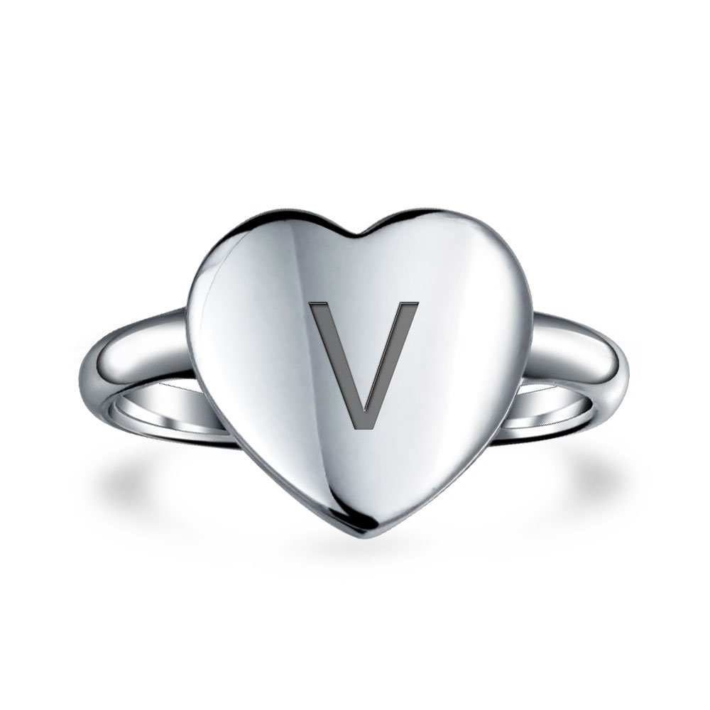 Tiny Minimalist Blank Plain Flat Heart Shape Initial Monogram Signet Ring For Teen For Women .925 Sterling Silver
