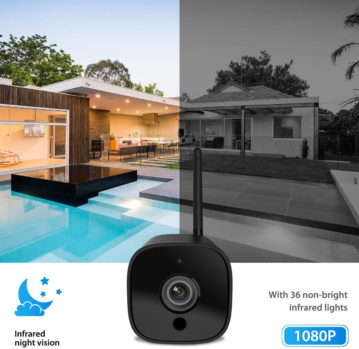Outdoor Security Camera, 1080P WiFi Camera Wireless Surveillance Cameras, PIR Smart Motion Detection, IP Camera with IP66 Waterproof, IR Night Vision, Activity Alert, Deterrent Alarm - iOS, Android
