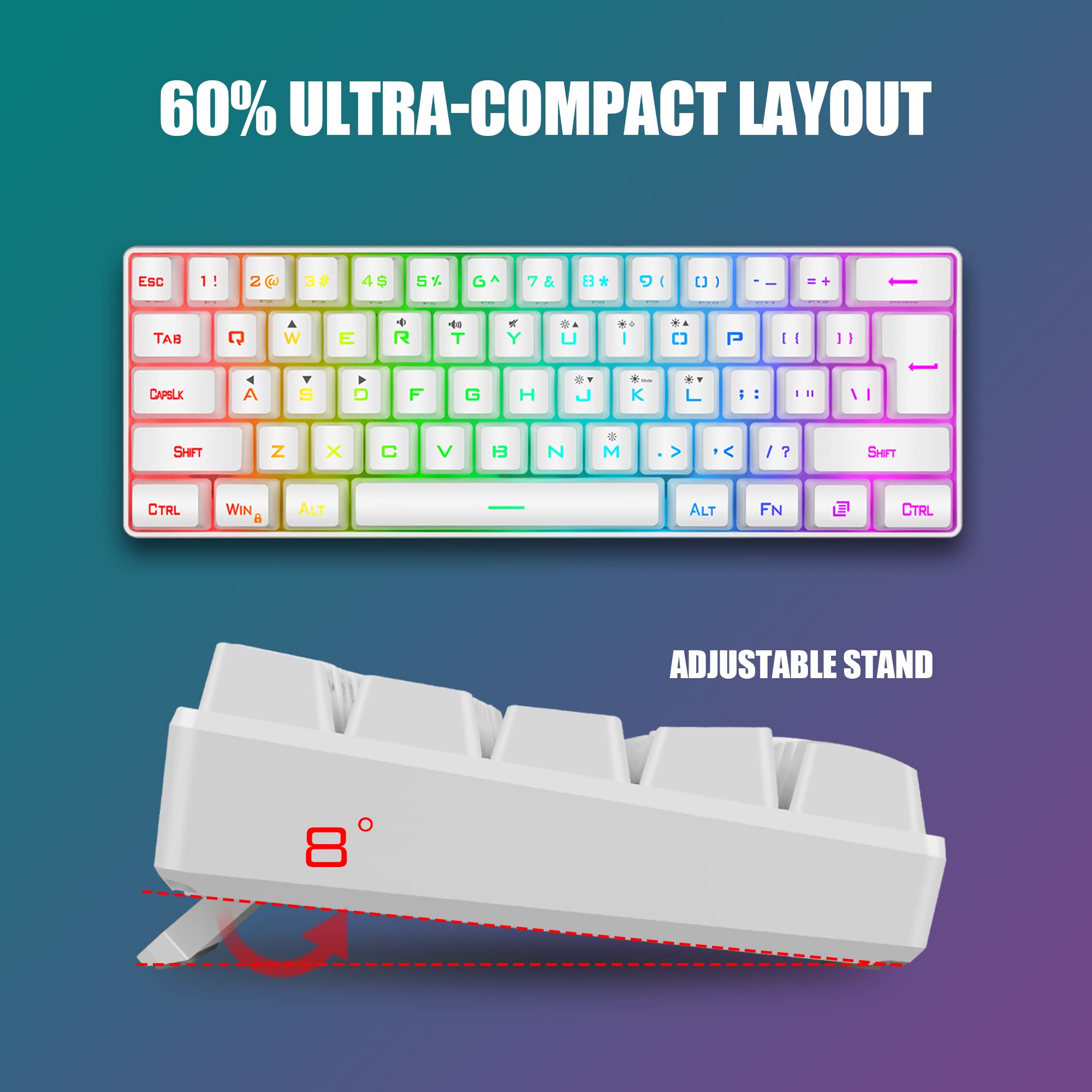 RedThunder 60% Gaming Keyboard, RGB Backlit Ultra-Compact Mini Keyboard, Quiet Ergonomic Water-Resistant Mechanical Feeling Keyboard for PC, MAC, PS4, Xbox ONE Gamer(White)