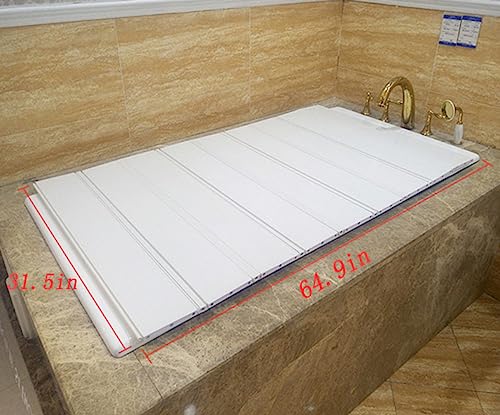 MOGUOBIN Shutter Bath Lid,1.2cm Thickness White Wood Grain PVC Bathtub Tray,Bath Insulation Cover,Foldable Anti-dust Bathtub Cover Bath Insulation Cover,Can Store Wine Glass,Tablets,Books,Cellphones