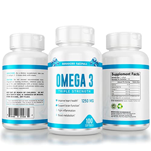 Mendocino Naturals Omega 3 Triple Strength - 1250 mg - Natural Flavor - 100 Softgels, White