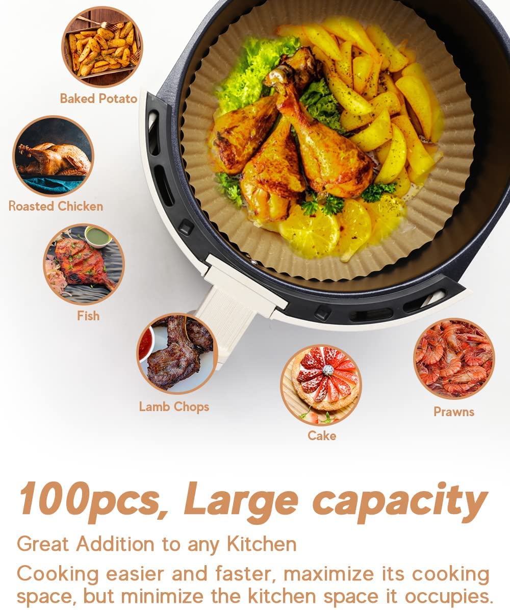 Velaxs Air Fryer Liners Disposable, Cooking Nonstick Filter Inserts Liners, Microwave Frying Pan Parchment Paper, Oil-proof Baking Roasting Food Grade Paper Sheets for Air Fryer 100 pcs 6.3 inch Round