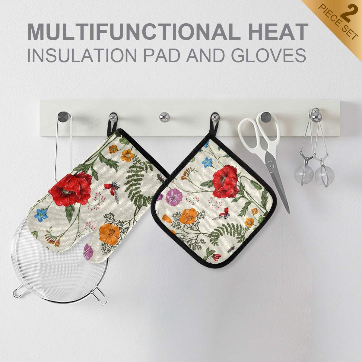 Oven Mitts and Pot Holder Oven Gloves Plants Flowers and Butterflies Provence Style Non Slip Hot Pads Insulation Gloves Heat Resistant Kitchen Set for Cooking Baking Grilling BBQ