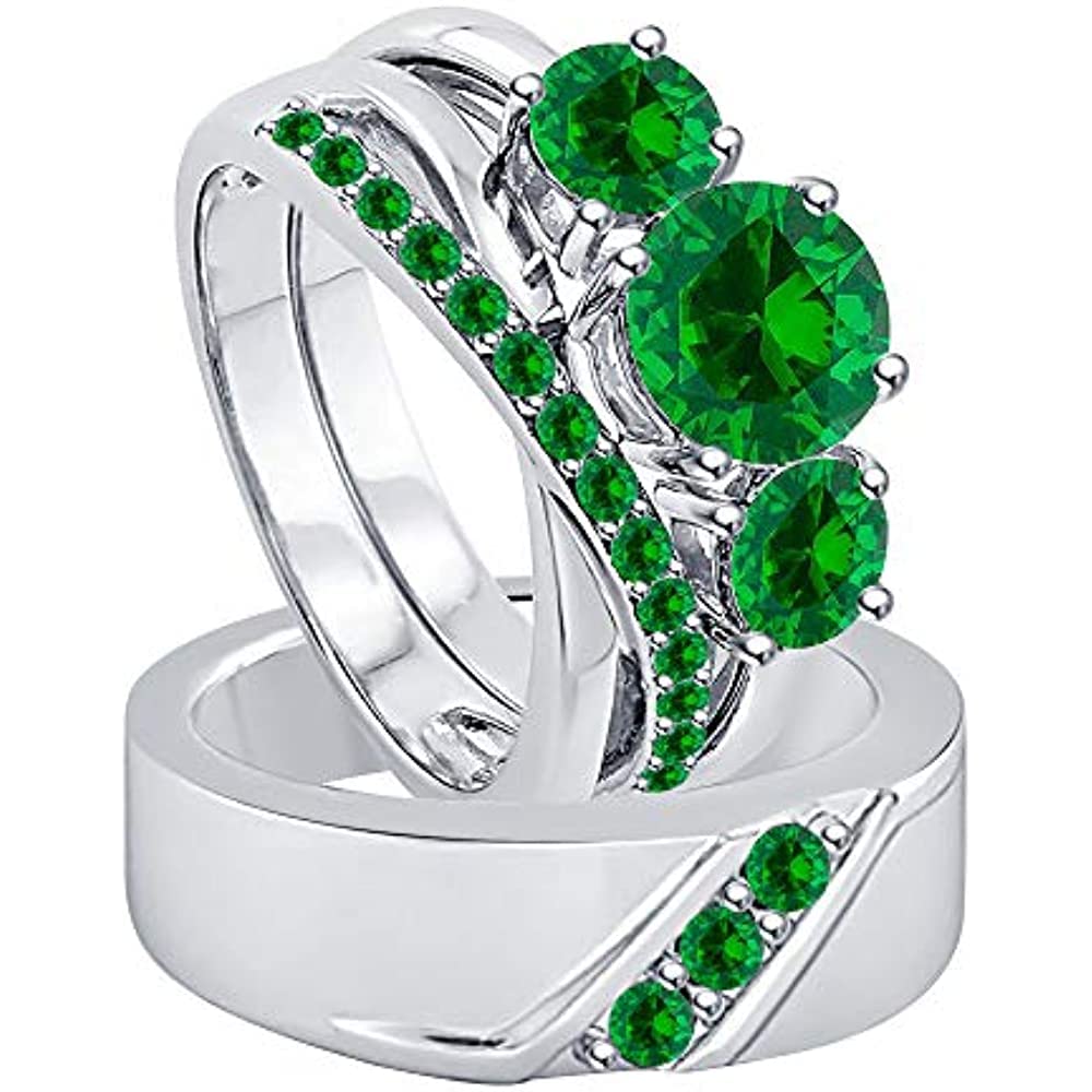 Trio Matching Couple Rings Wedding Engagement Ring Band Set,925 Sterling Silver Round Cut Created Green Emerald 14K White Gold Plated trio ring set