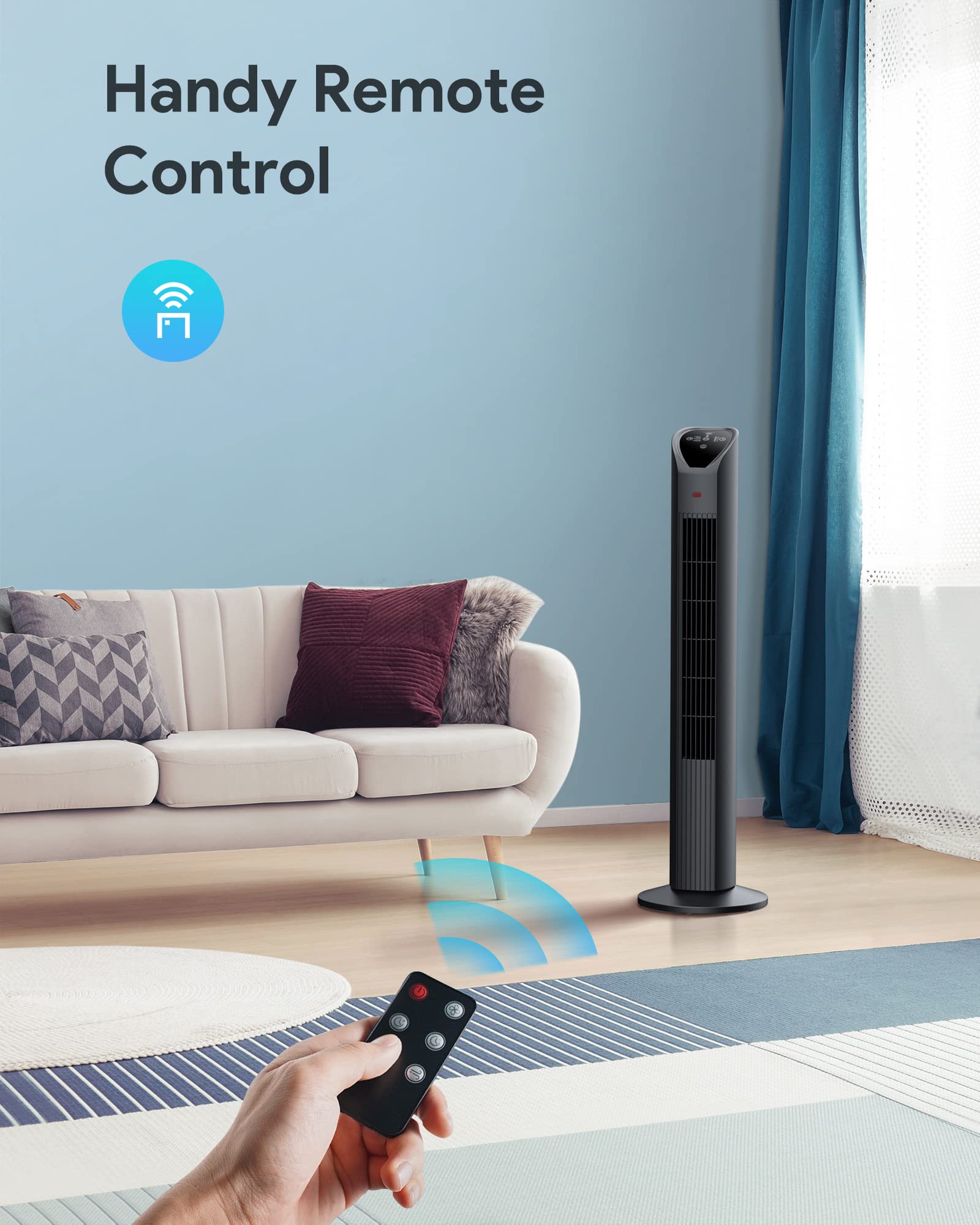 Tower Fan with Remote, Oscillating Fan Features 3 Modes 3 Speed, 75° Oscillation Standing Fans, Auto-off Backlight and 12H Timer, Portable Floor Bladeless Fan for Bedroom, Home and Office, Black
