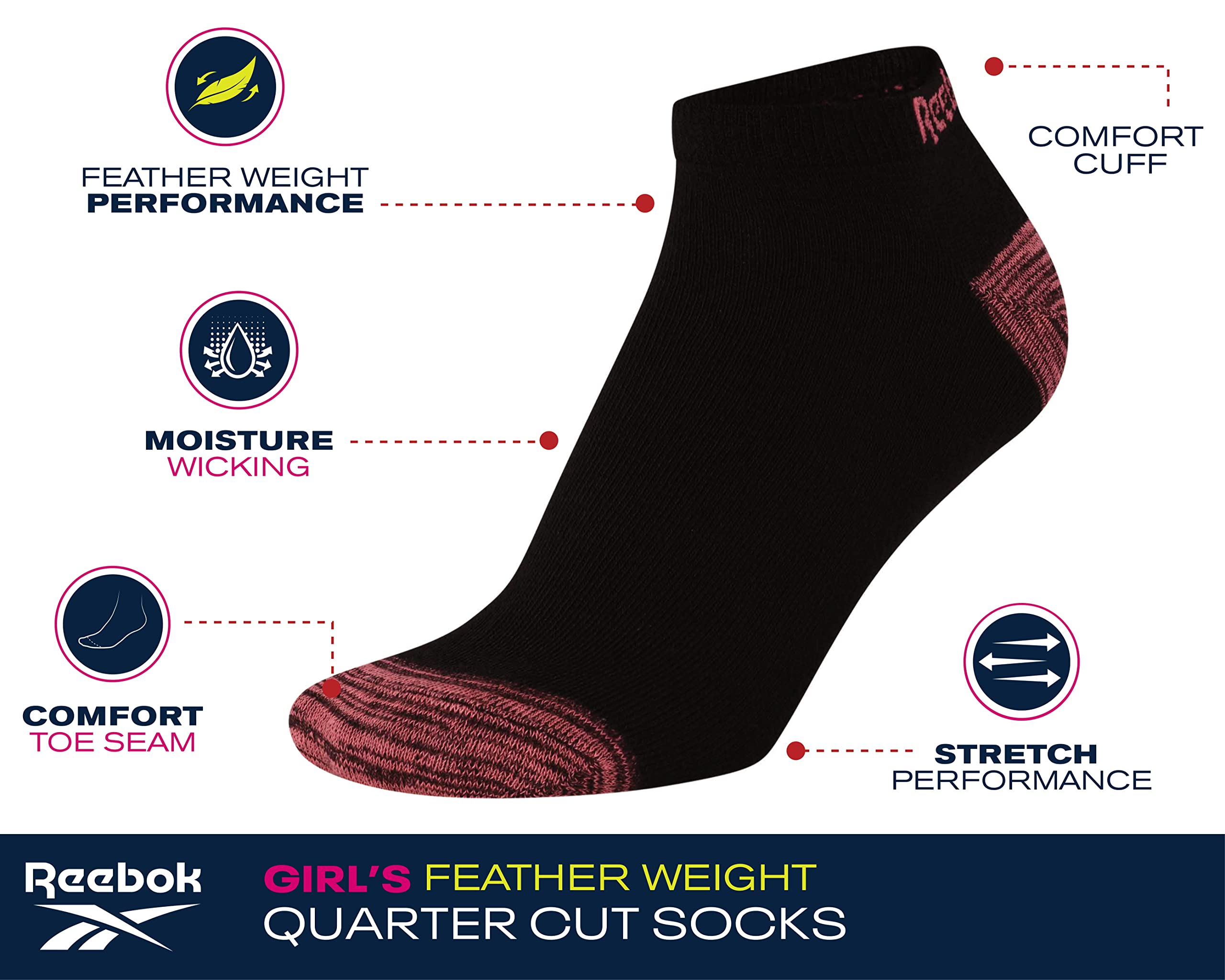 Reebok Girls' Low Cut Socks – 12 Pack Lightweight Breathable Low Cut No Show Socks for Girls - Girl's Athletic Socks, Size Small, Pink Assorted