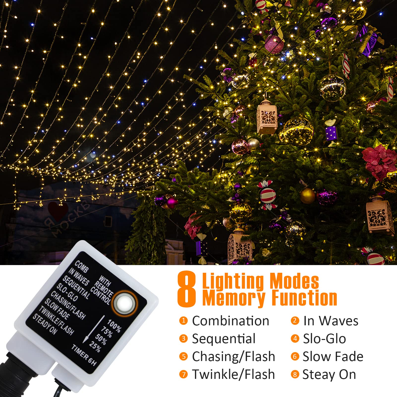 Outdoor String Lights, 105ft 300 LED Remote Control Fairy String Lights, Twinkle Lights with 8 Modes for Tree Wedding Party Patio Garden Birthday Holiday Decoration (White)