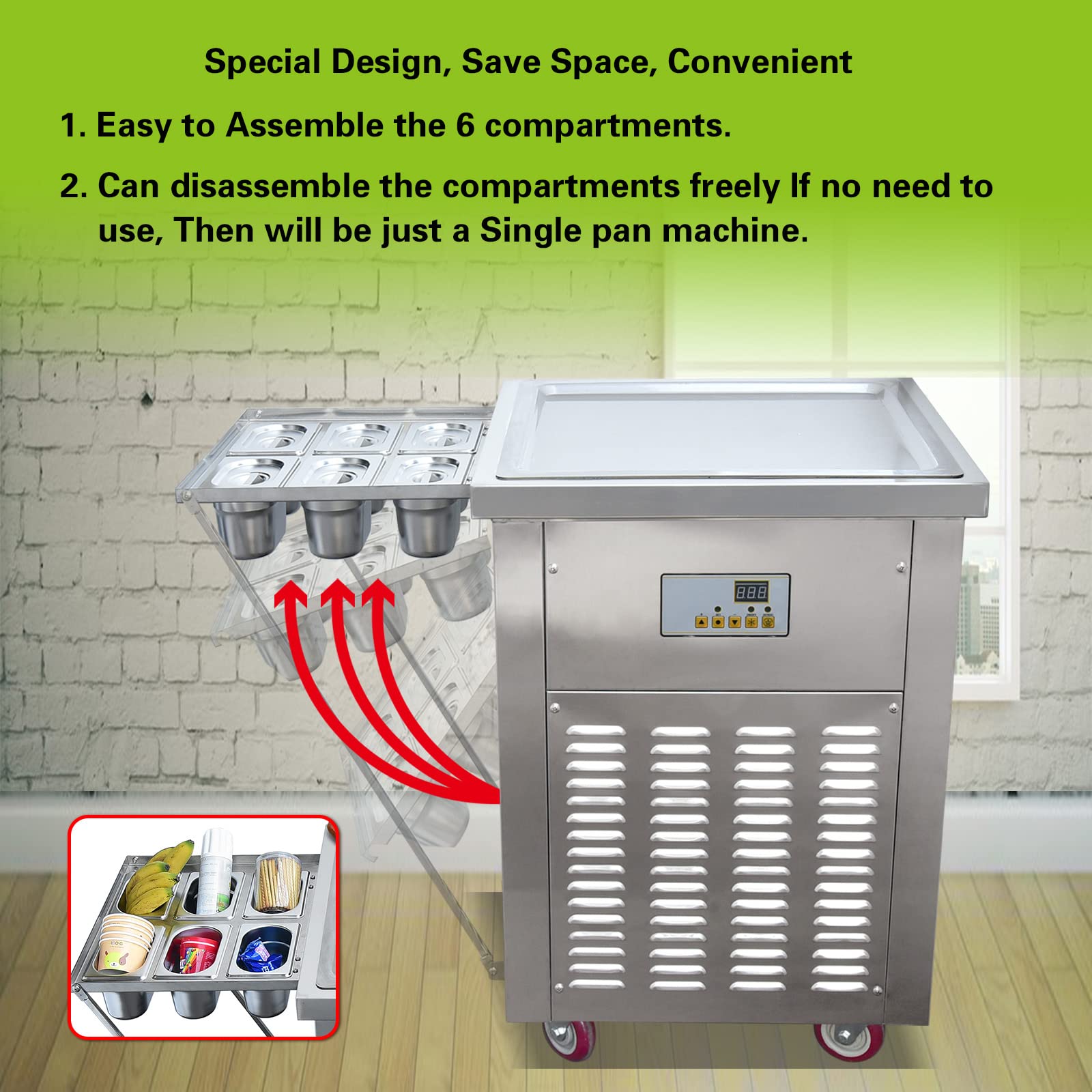 Mvckyi 22in Commercial Fried Ice Cream Machine with 6pcs CN Pan, Ice Cream Roll Maker with 4 Scrapers, Fried Yogurt Roller, Roll Ice Cream Machine, Built In Pure Copper, Fast Cooling