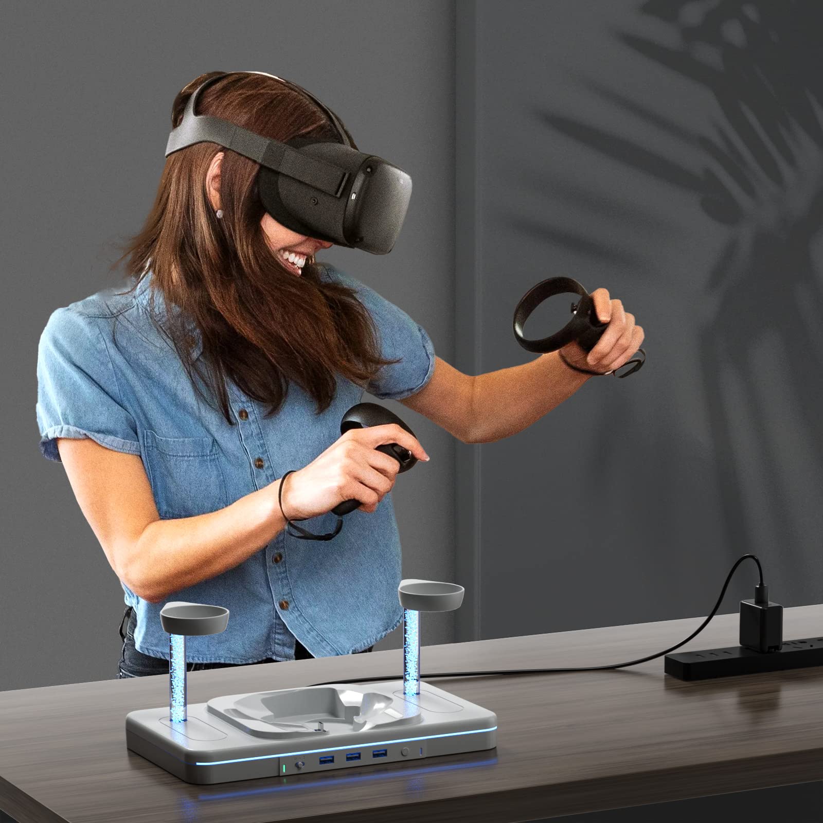 VR Charging Dock for Oculus Quest 2/Meta Quest 2, VR Accessories Charging Station with 2 Rechargeable Batteries Support Colorful Lights
