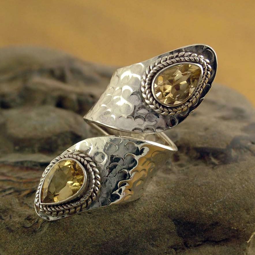 NOVICA Artisan Handmade Citrine Wrap Ring .925 Sterling Silver with Gemstone Jewelry Yellow Multi India Happiness Birthstone 'Golden'