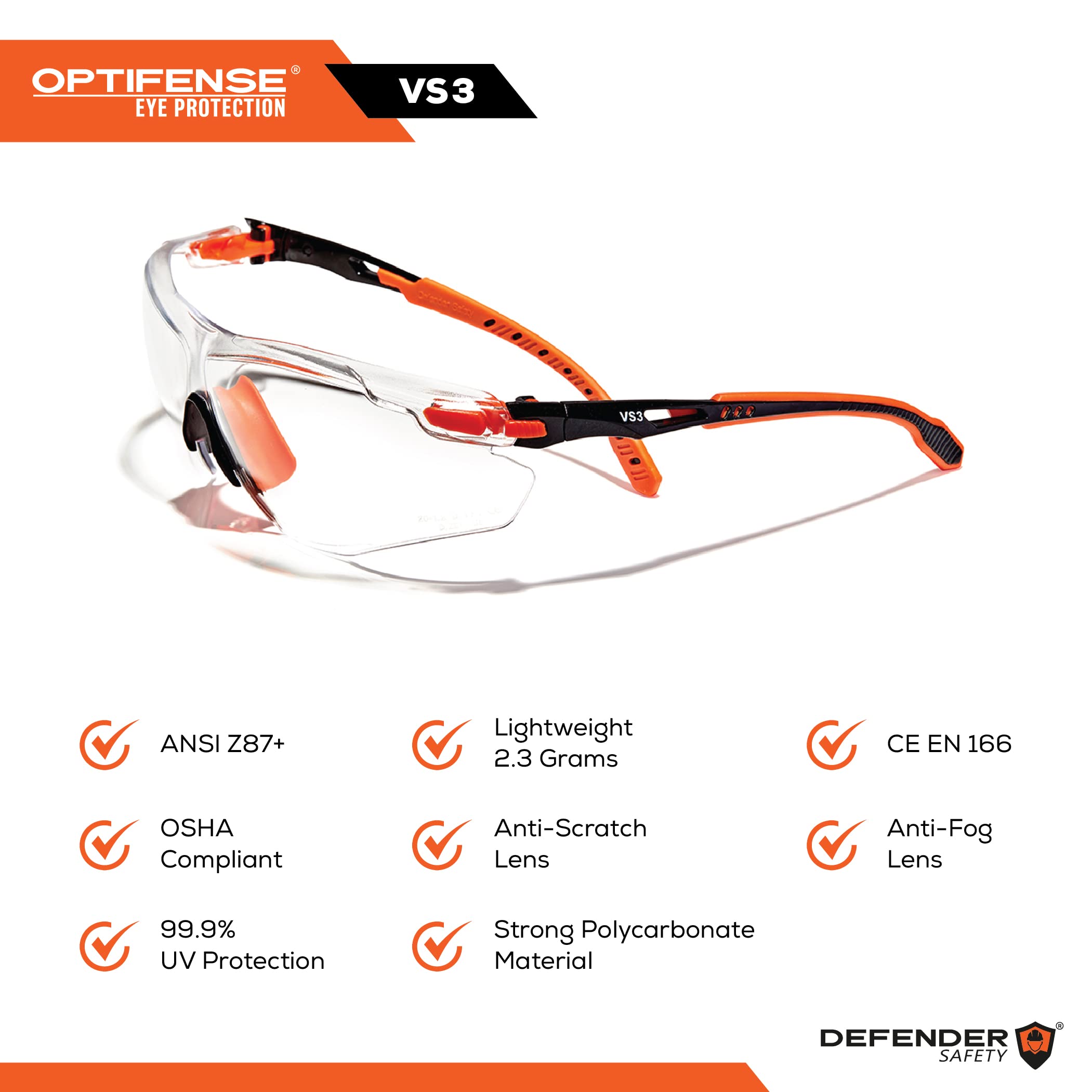 OPTIFENSE™ VS3 Anti Fog, Premium CLEAR/TINTED Safety Glasses, ANSI Z87+(Blue Frame, Clear Lens)