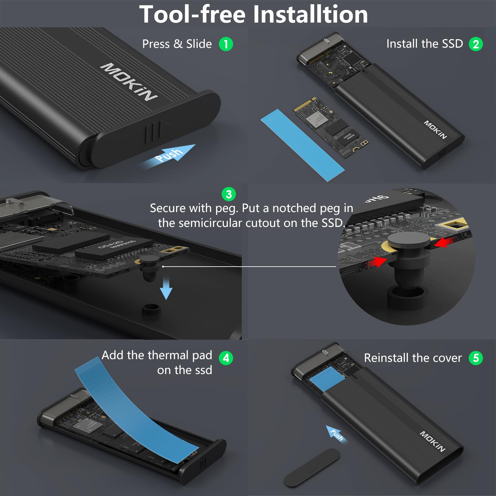 MOKiN M.2 NVMe SATA SSD Enclosure Adapter Tool-Free,USB C 3.2 Gen 2 10Gbps M.2 NVMe,6Gbps SATA PCIe M-Key(B+M Key), NVMe M.2 Enclosure Support UASP Trim for 2242/2260/2280 SSD
