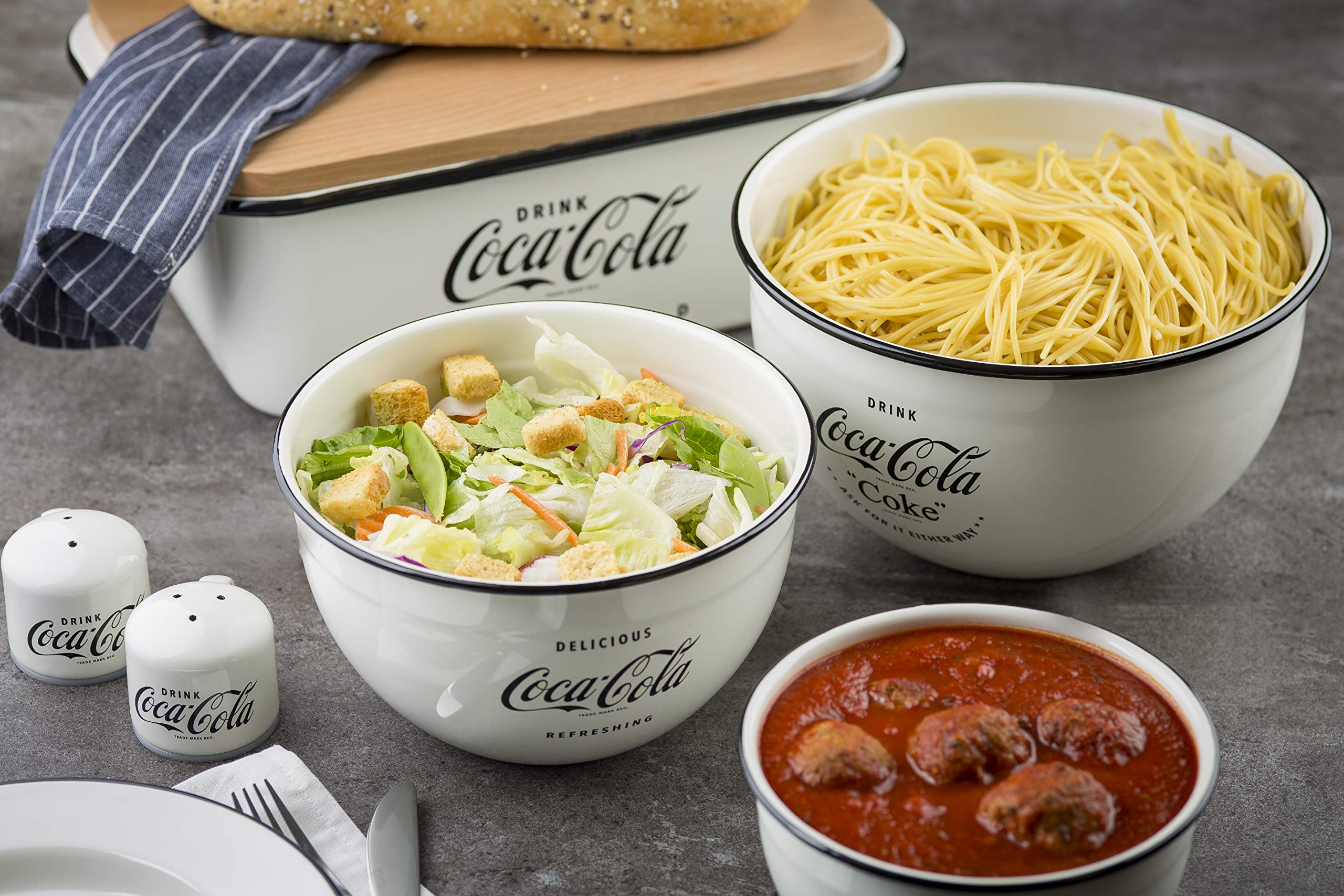 TableCraft's Coca-Cola Enamel Mixing Bowls, S: 7'' dia, M: 8.5'' dia, L: 1.25'' dia, White