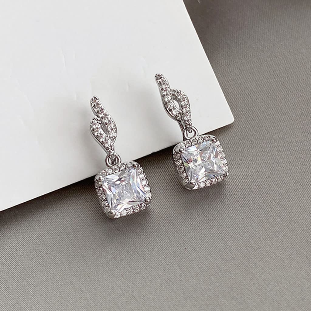 Soar-leap Silver Crystal Square Clip On Earrings Diamond Dangle Earrings for Women Girls Non Pierced for Brides Wedding Bridesmaid