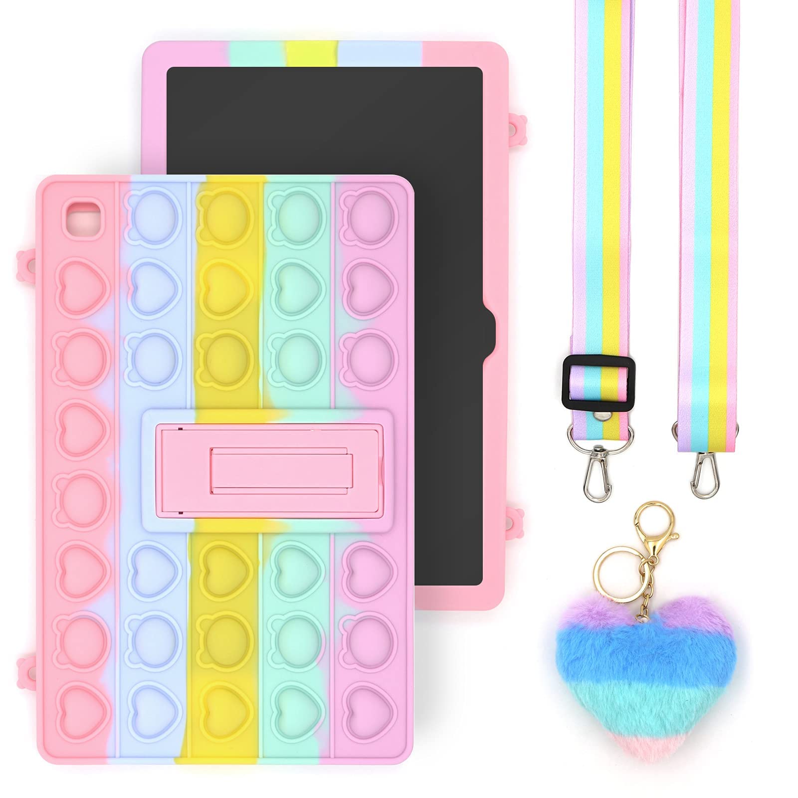 Rainbow Silicone Cute Case Compatible with Galaxy Tab A 10.1" 2019(T510/T515), Shockproof Case With Lanyard&Kickstand&Pendent