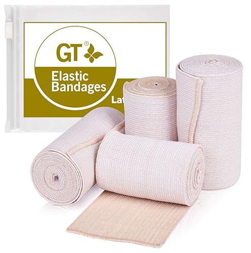 Premium Elastic Bandage Wraps (4" 2pack & 3" 2Pack) Hook & Loop Fastener at One End - GT Latex Free Roll for Sprains & Injuries