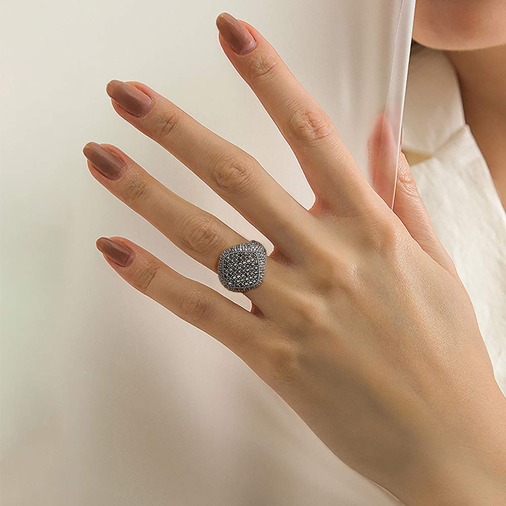Mytys Marcasite Silver Rings for Women Geometry Black Diamond Costume Statement Women Rings Size 9