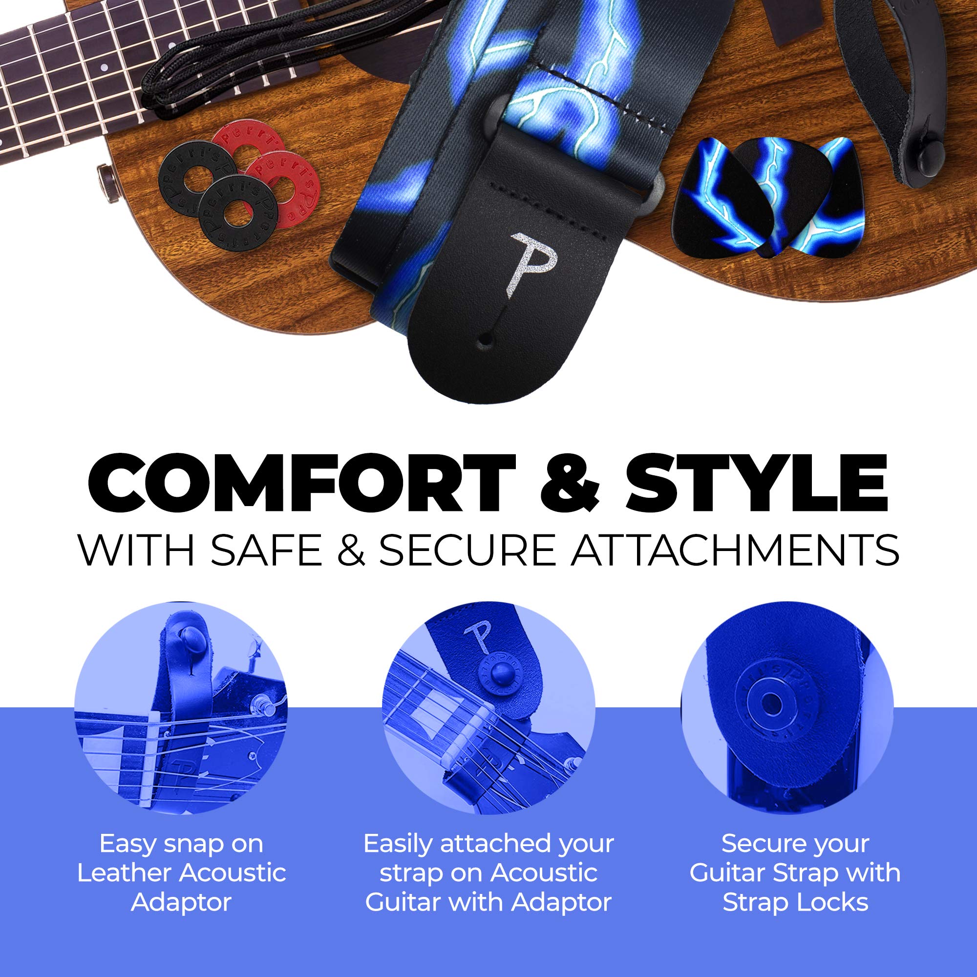 Perri's Leathers Guitar Strap - Bundle - BONUS- 3 Medium 0.71mm Picks, 1 Leather Acoustic Adaptor, 4 Strap Locks & Shoelace… (Blue Lightning)
