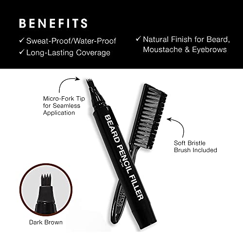 Pacinos Beard Pencil Filler - Water Proof, Long Lasting Coverage & Natural Finish - Beard, Moustache & Eyebrows - Micro-Fork Tip for Seamless Application - Includes Bristle Brush for Blending (Black)