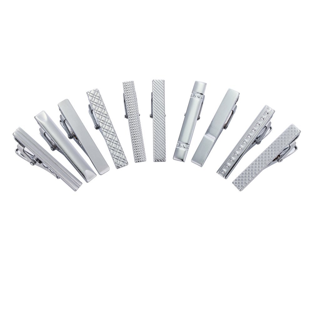 Mens Skinny Tie Clip Set Fashion Jewelry, 10 Pieces of Silver Tone, 1.57 Inches