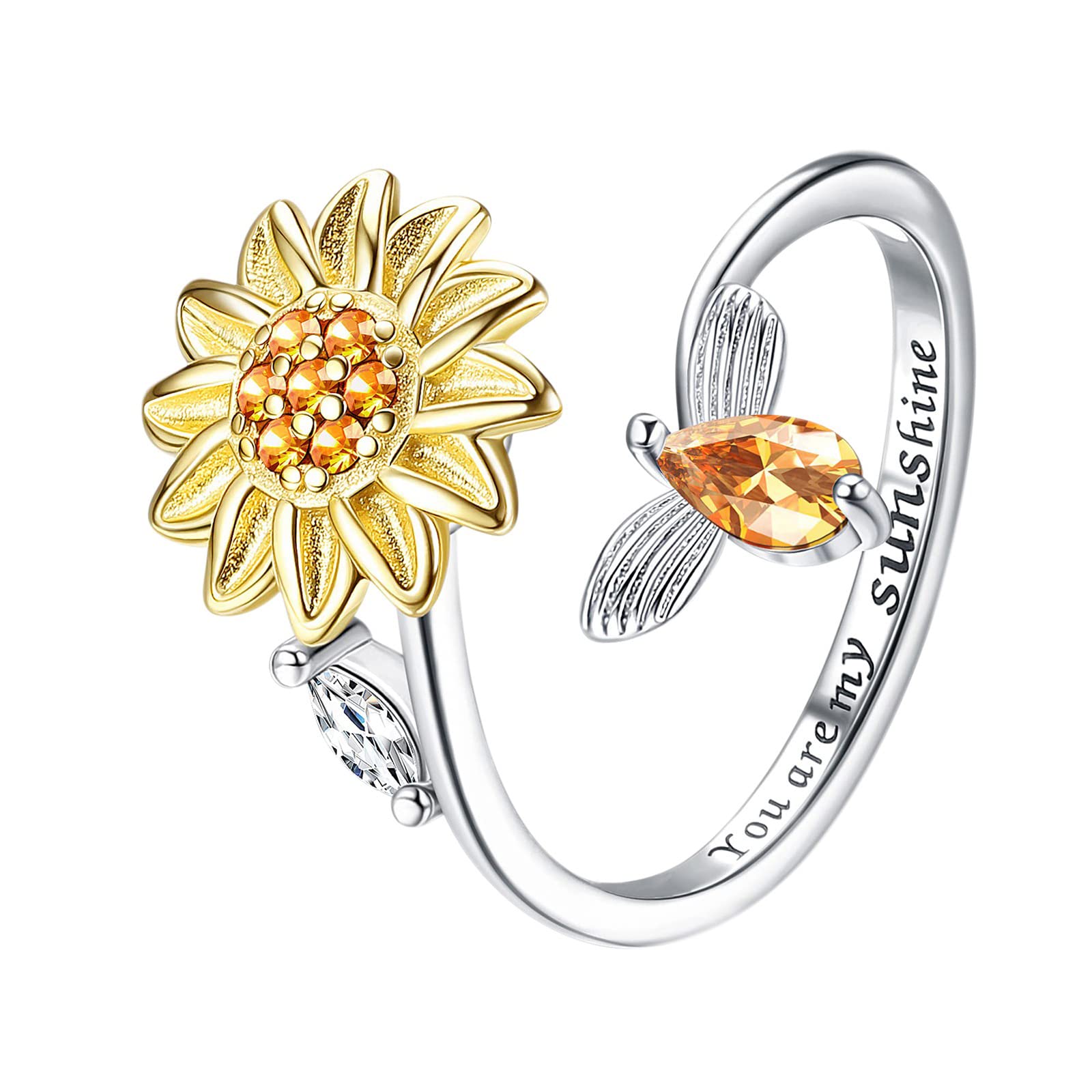 papasgix Sunflower and Bee Fidget Ring for Women, Sterling Silver Anxiety Ring for Stress Relief/Adjustable Open Rings Engraved You are My Sunshine